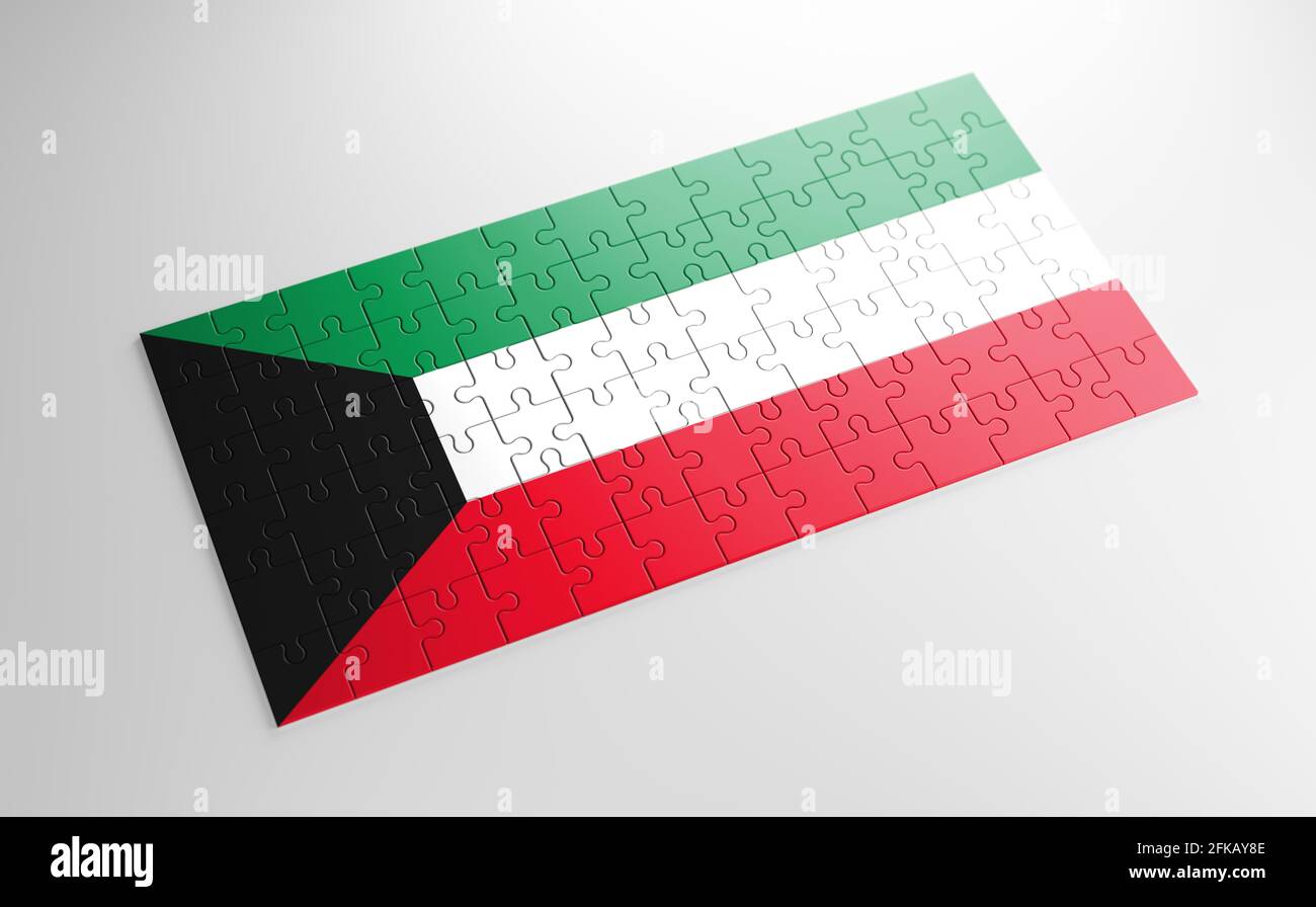A jigsaw puzzle with a print of the flag of Kuwait, pieces of the ...