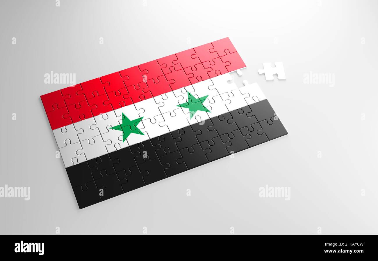A jigsaw puzzle with a print of the flag of Syria, pieces of the puzzle ...