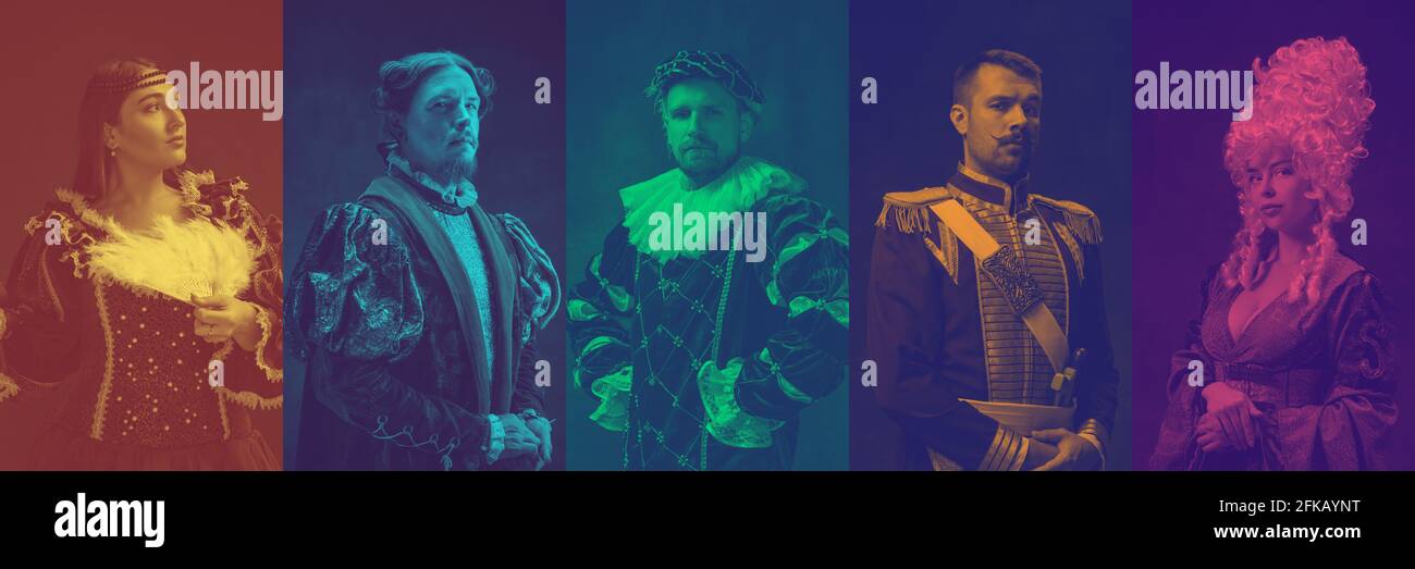 Portraits of group of medieval people on retro-styled background in ...