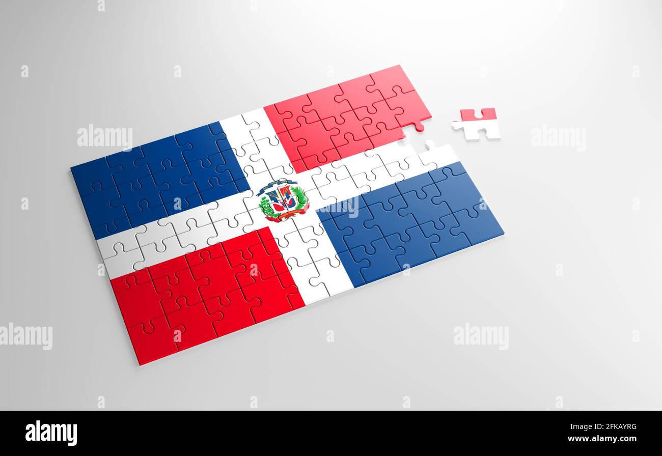A jigsaw puzzle with a print of the flag of Dominican Republic, pieces ...