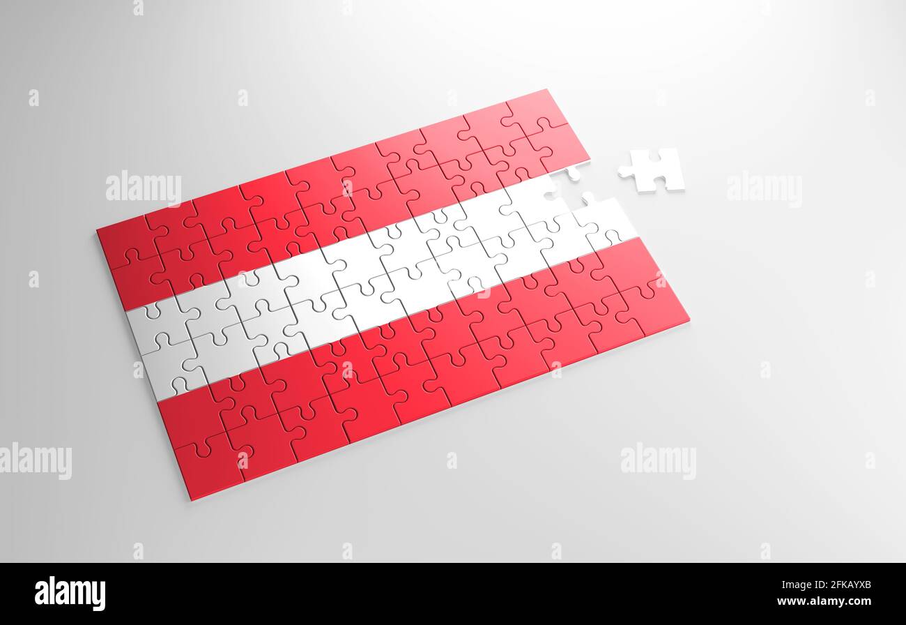 A jigsaw puzzle with a print of the flag of Austria, pieces of the ...