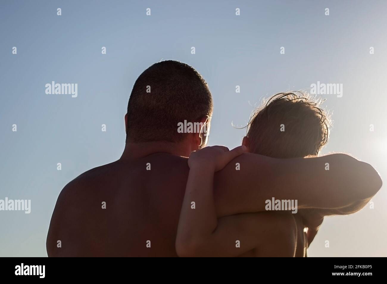 father and son hug against the backdrop of the clear sky.Back view ...