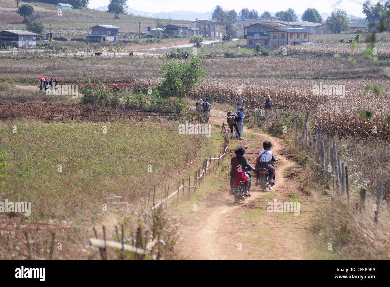 Shan state, Myanmar - January 6 2020: A tourist group hikes from Kalaw ...