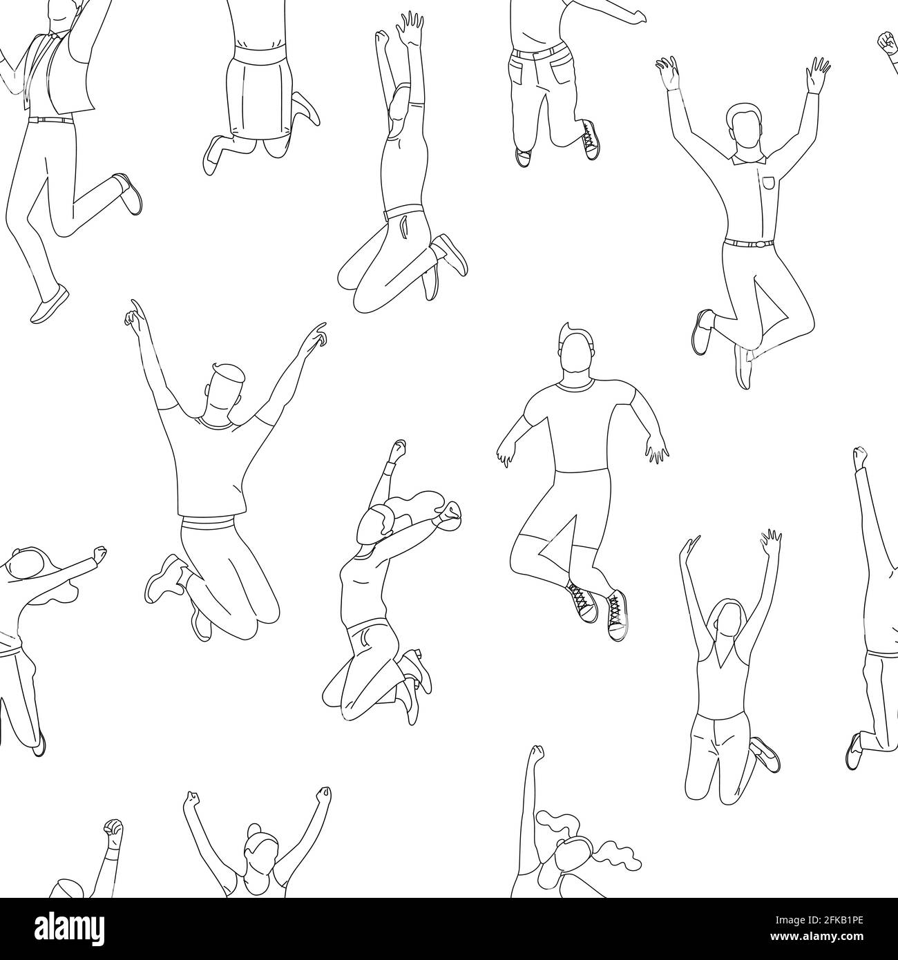 Seamless pattern with line art crowd of young happy people in jumping ...