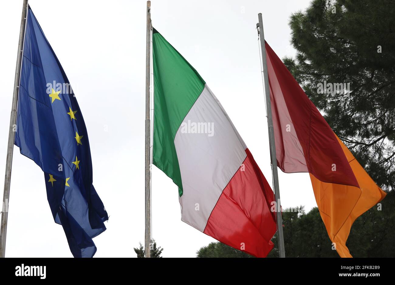 Three European and Italian flags of the city of Rome with colors Stock ...
