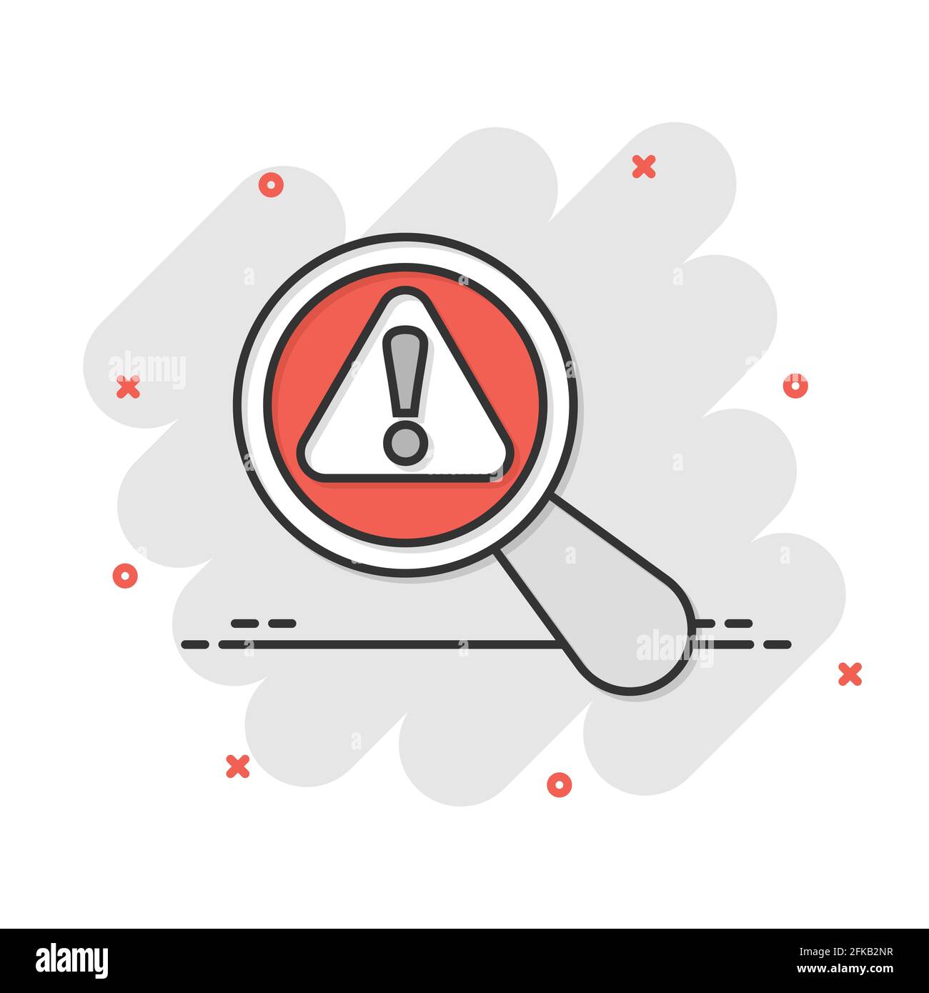 Risk analysis icon in comic style. Exclamation magnifier cartoon vector ...
