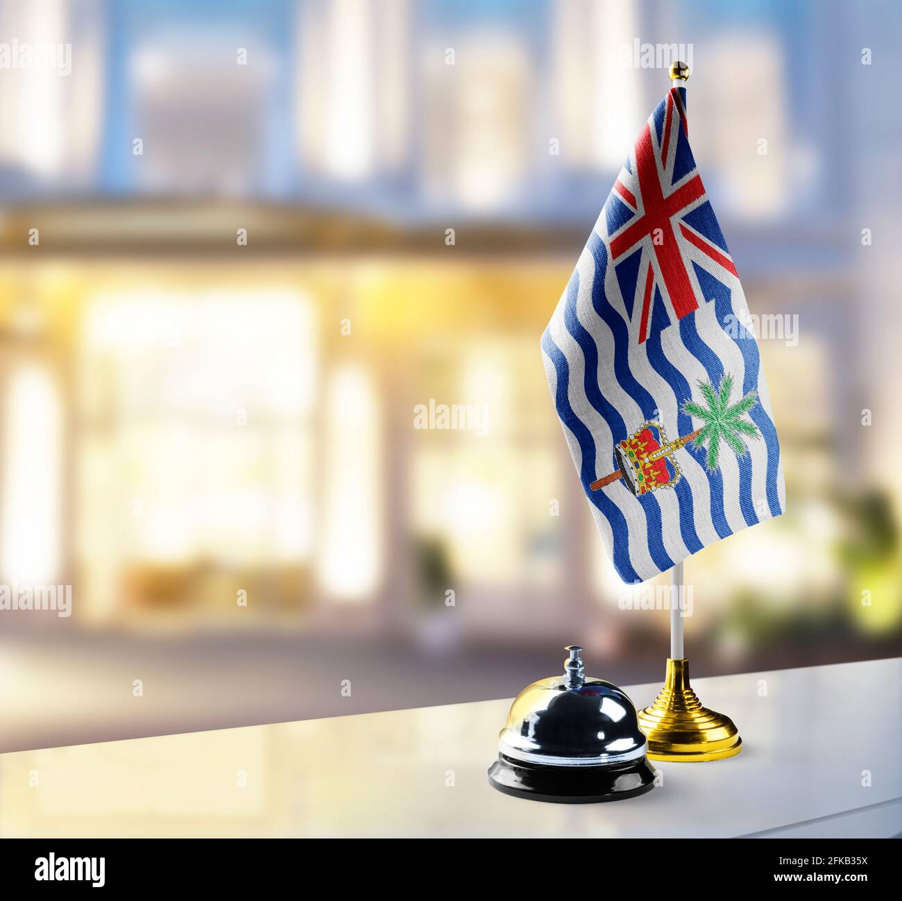 British Indian Ocean Territory flag on the reception desk in the lobby ...