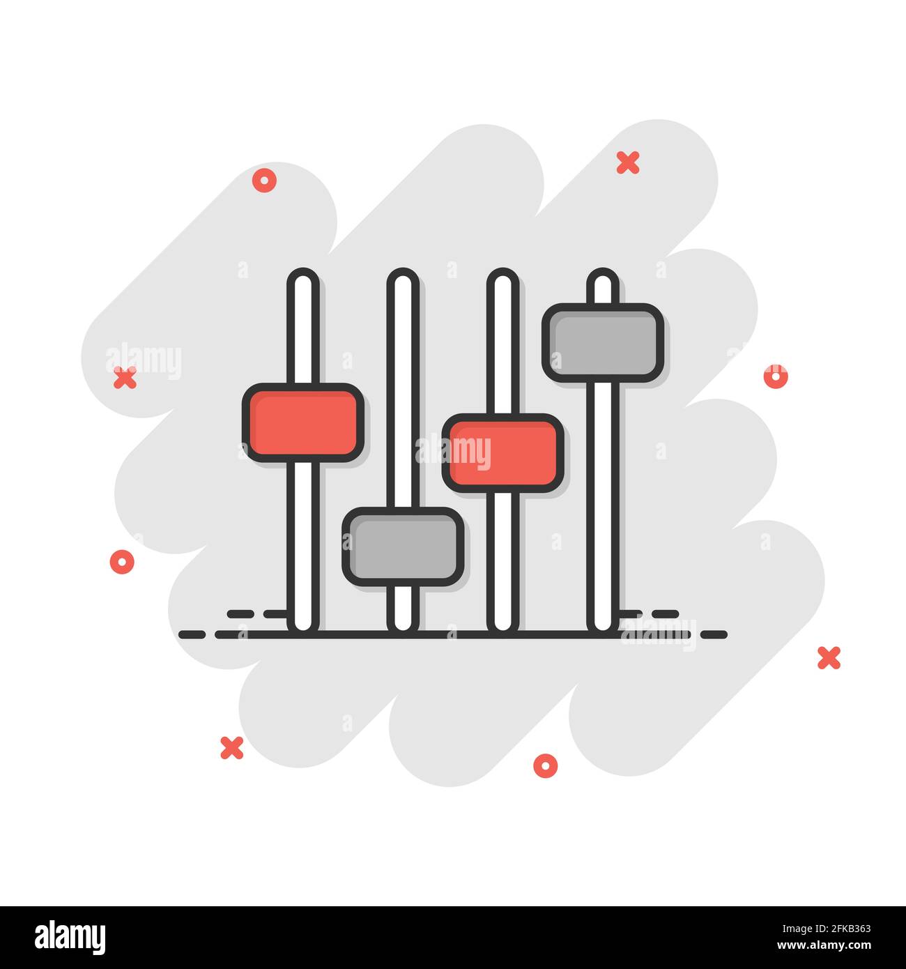 Control volume icon in comic style. Audio adjusting cartoon sign vector ...