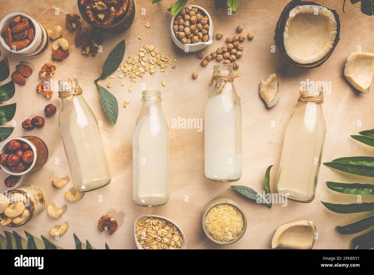 Vegan non dairy plant based milk in bottles and ingredients on light ...