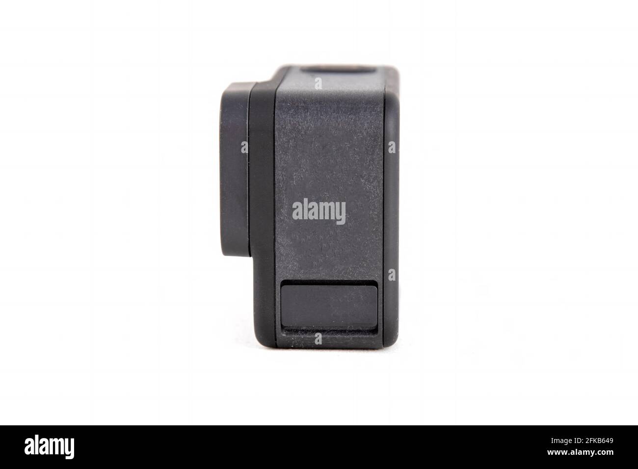 New 4K action camera in black color. Isolated white background. side ...
