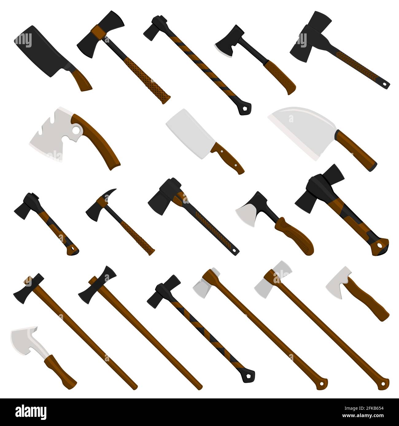 Illustration on theme big kit steel axes with wooden handle, metal ax ...