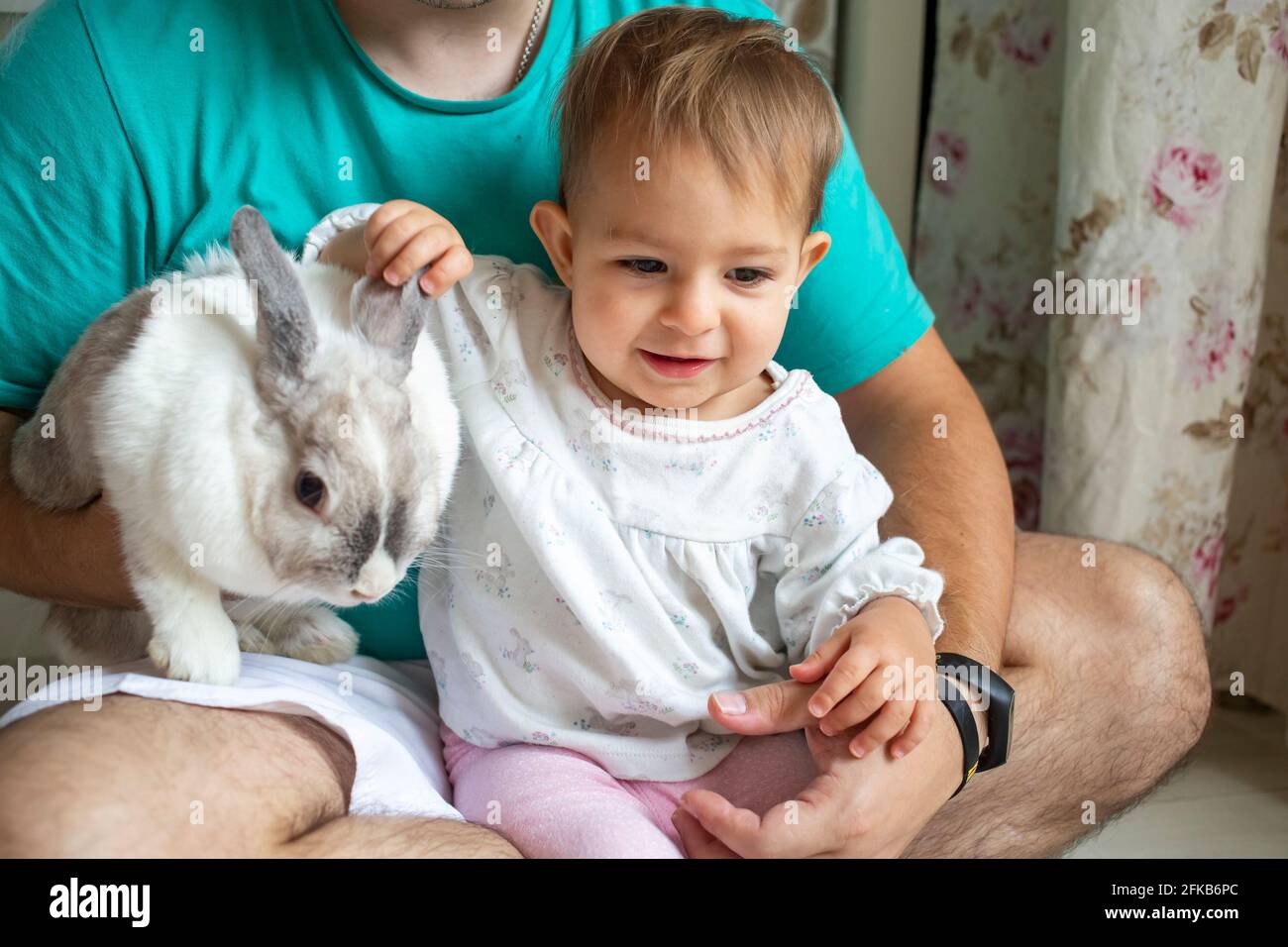 adorable baby sits in dad's arms and strokes a decorative rabbit ...