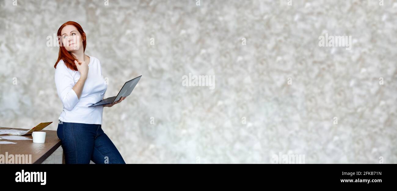 happy attractive woman with laptop. banner education, banner for remote ...