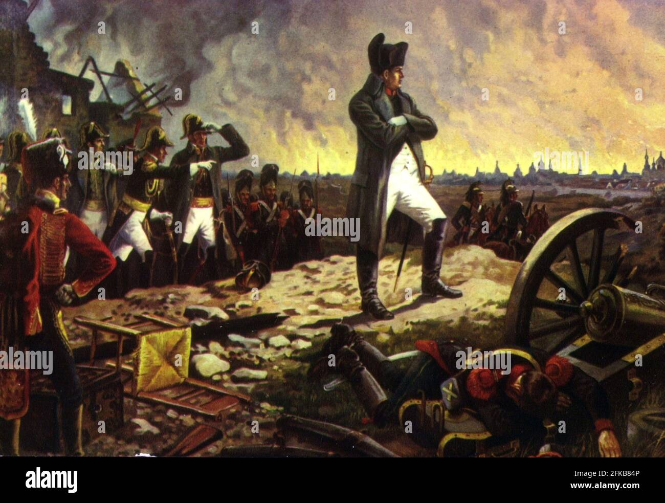 Russia Campaign: Fire of Moscow. Napoleon watching the fire in the town ...