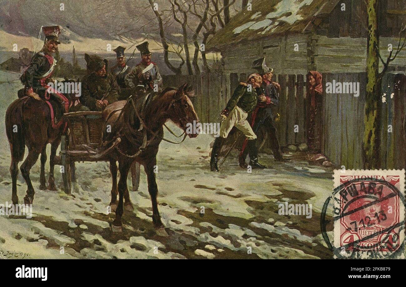 Russia Campaign : Withdrawal from Russia. Soldiers asking a villager ...