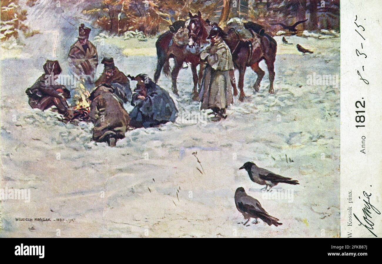 Russia Campaign: Withdrawal from Russia. Soldiers sat around a fire ...