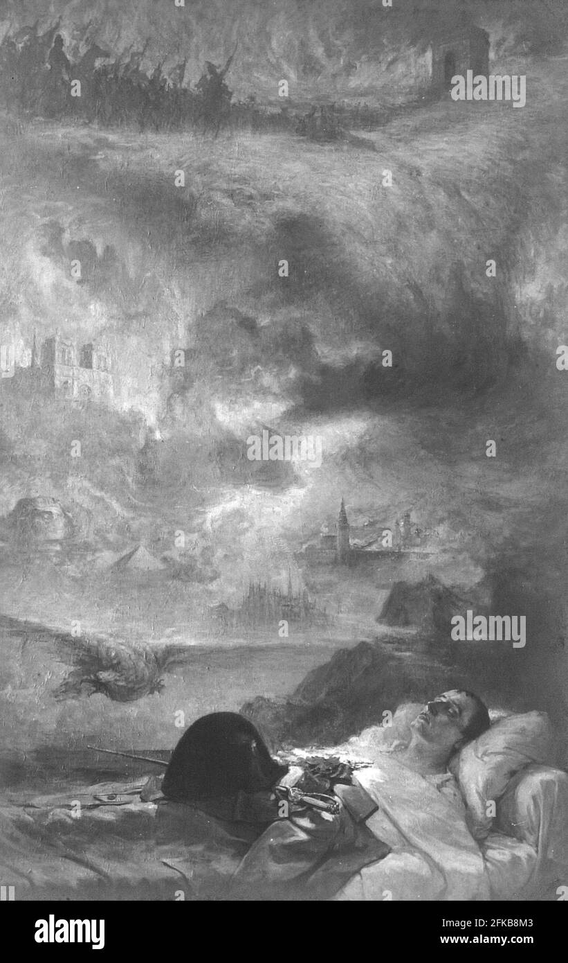 Death of Napoleon I in Saint-Helena. Allegory depicting visions of ...