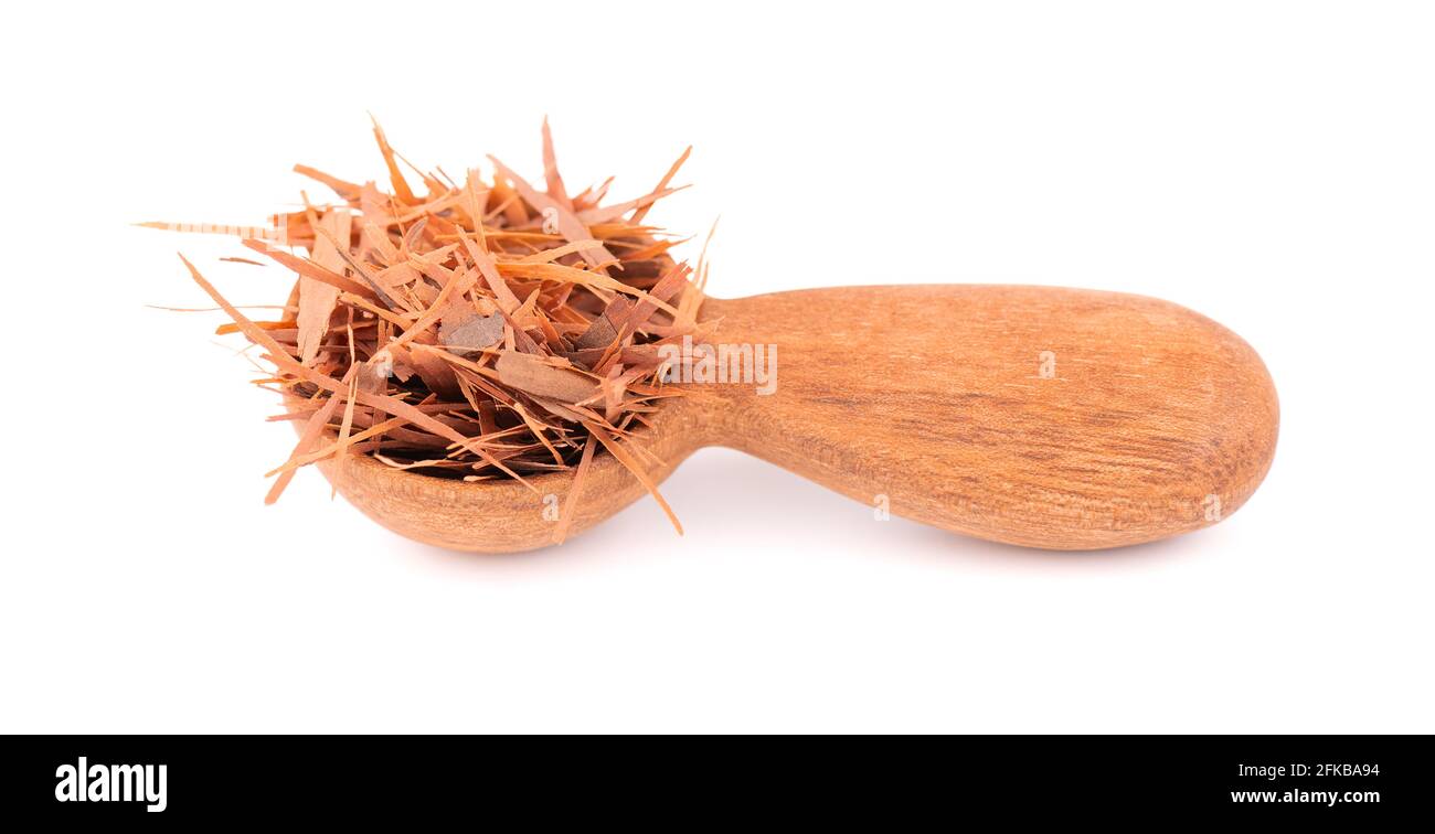 Lapacho herbal tea in wooden spoon, isolated on white background ...
