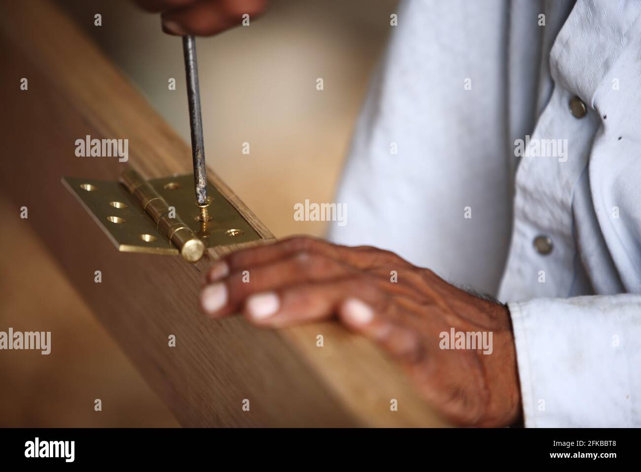 Royalty free photo of carpenter fixing hinge in Hinge Recesses ...