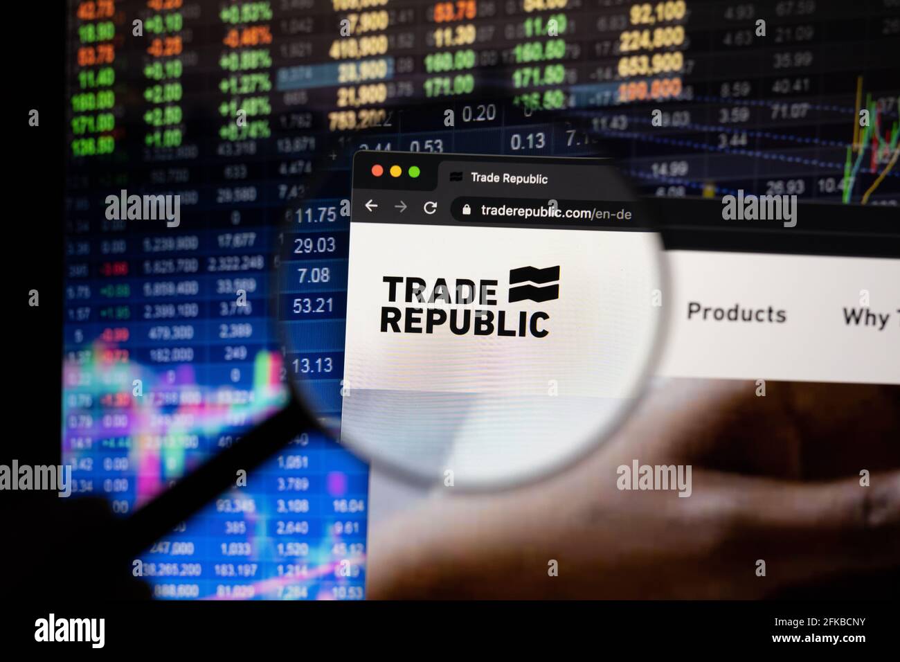 Trade Republic company logo on a website with blurry stock market developments in the background ...