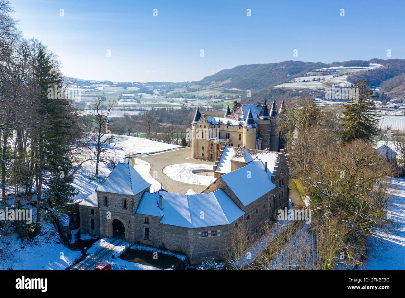 Aerial view into a castle like structure in a small province of France ...