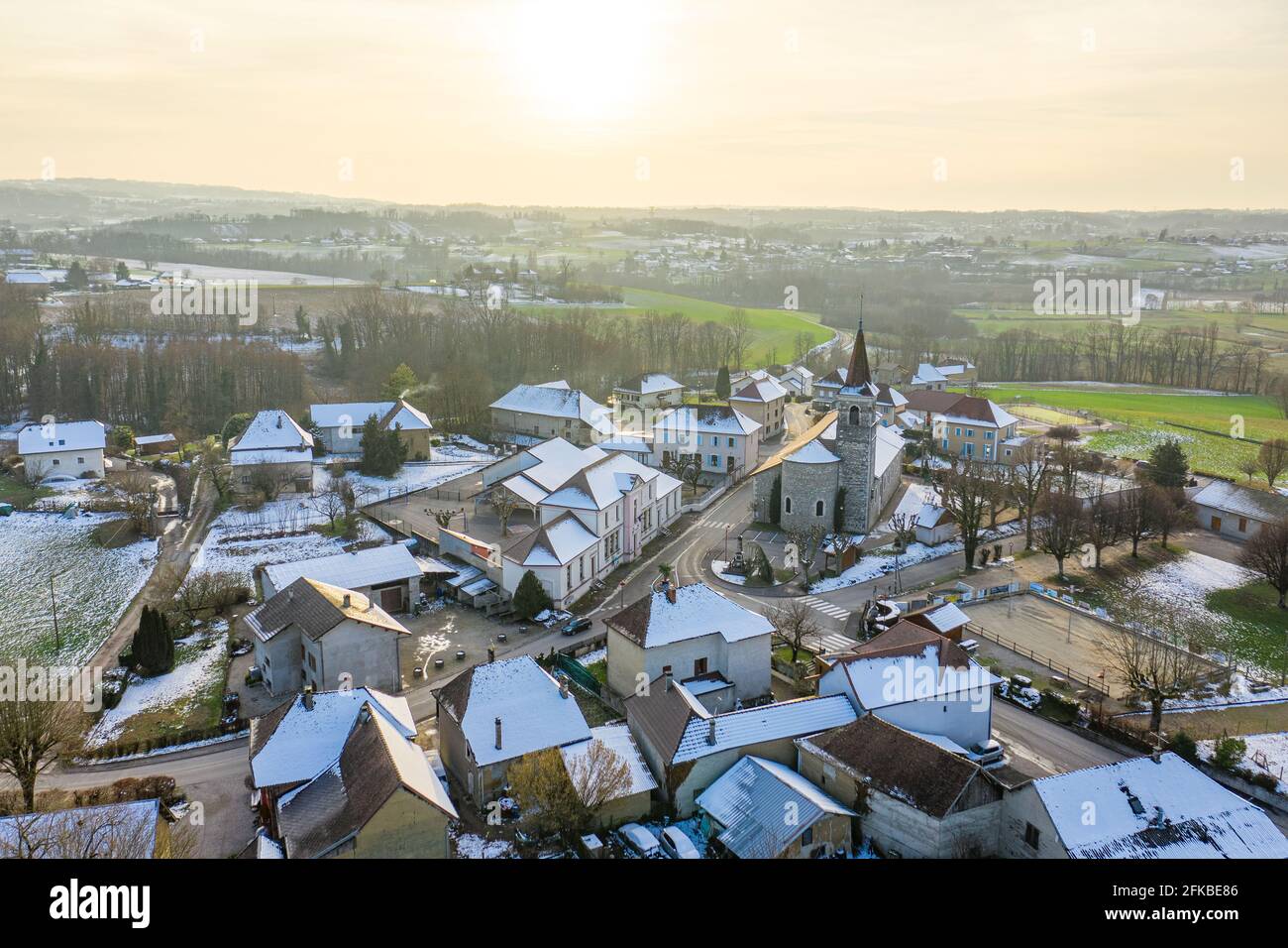 Aerial view of small town taken using a drone Stock Photo - Alamy