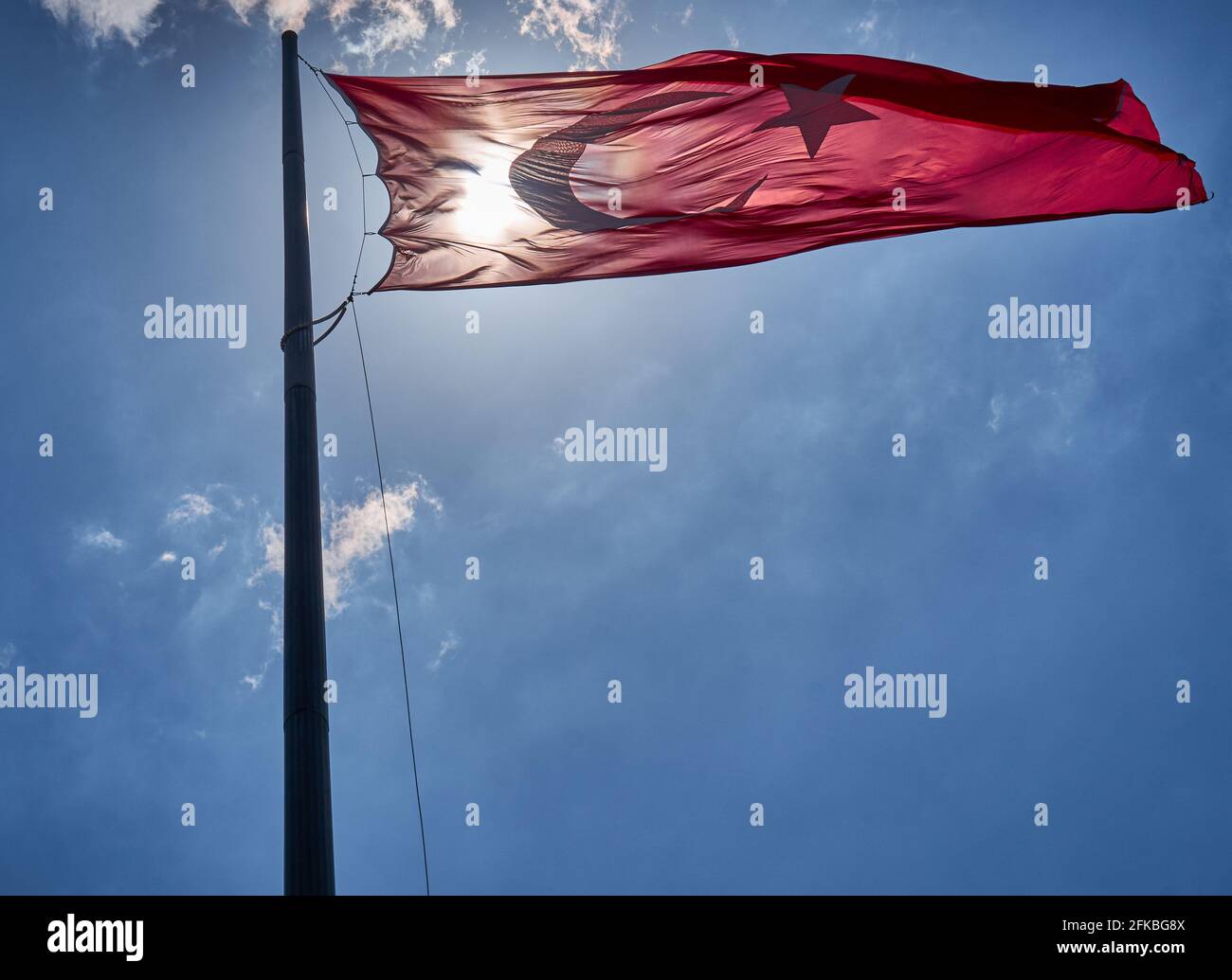 Turkish National Flag Wawing Up In The Sky Stock Photo - Alamy