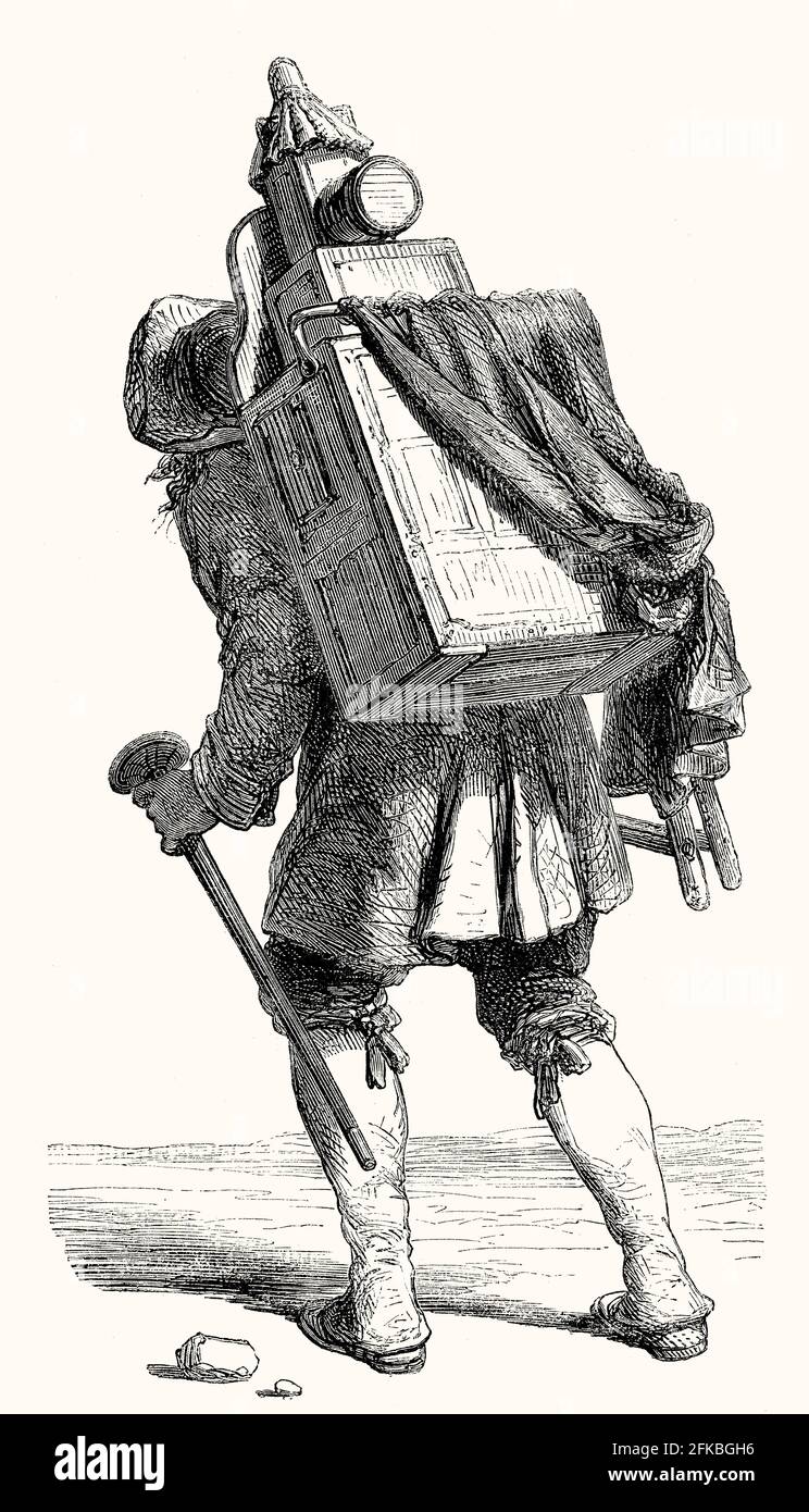 A man with a magic lantern on his back, France, 17th century Stock ...