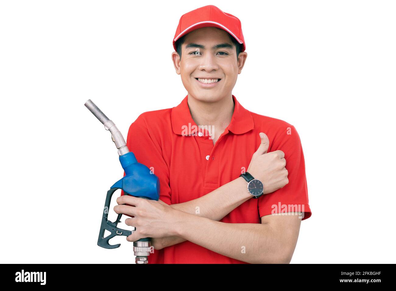 Gas station male man happy worker staff handle fuel nozzle and thumbs ...