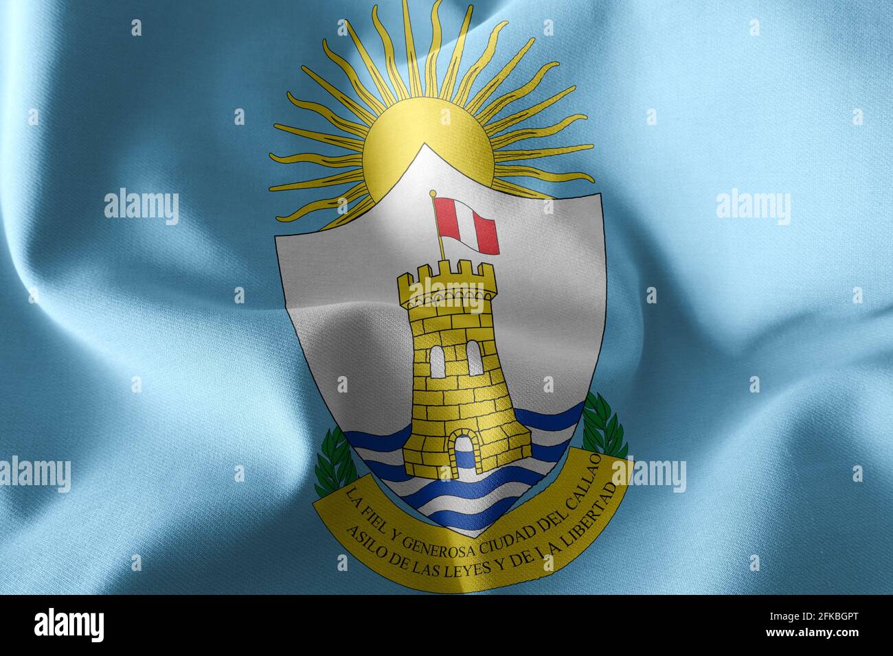 3D illustration flag of Callao is a region of Peru. Waving on the wind ...