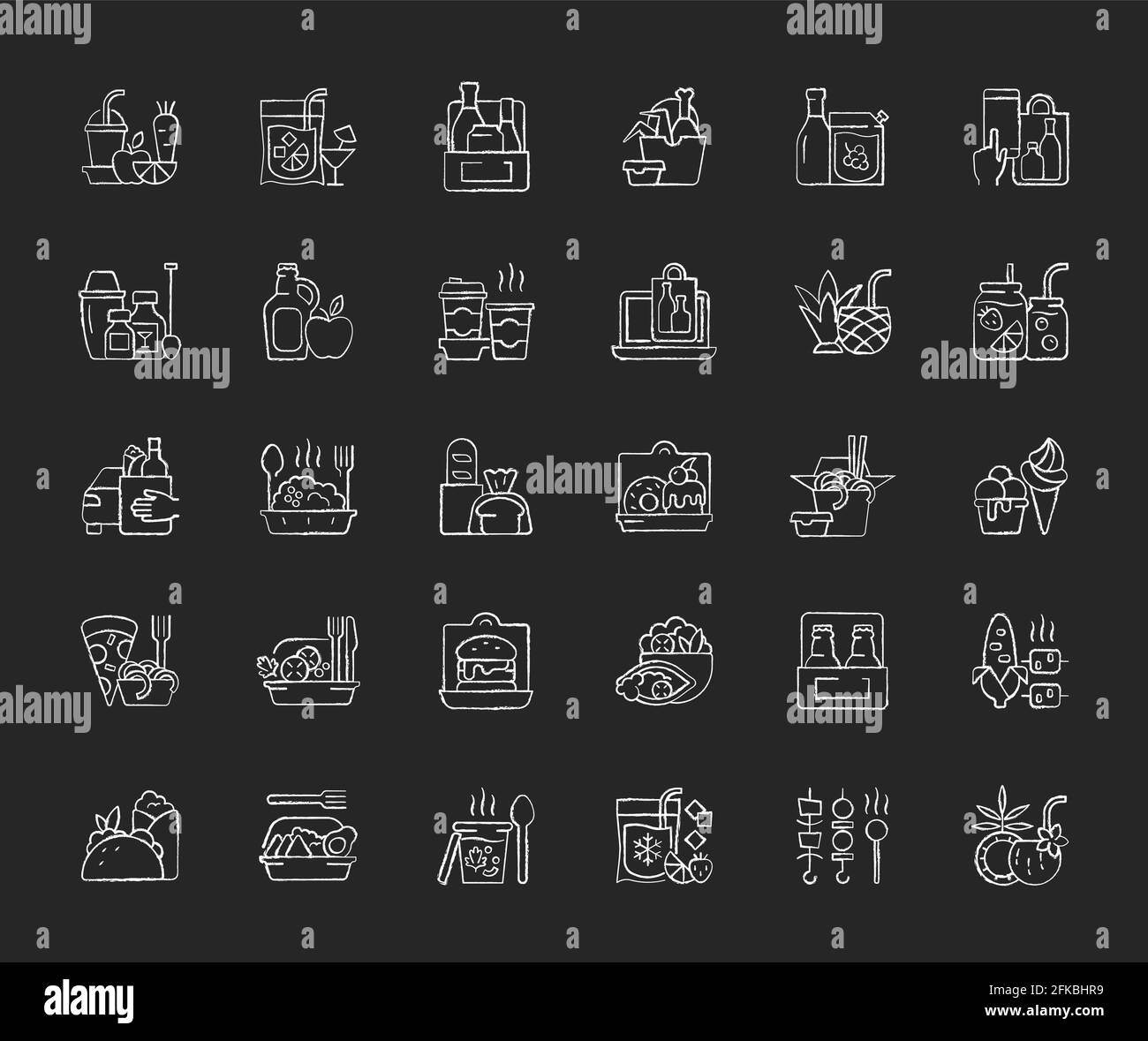 Drinks to go and takeaway food chalk white icons set on black ...