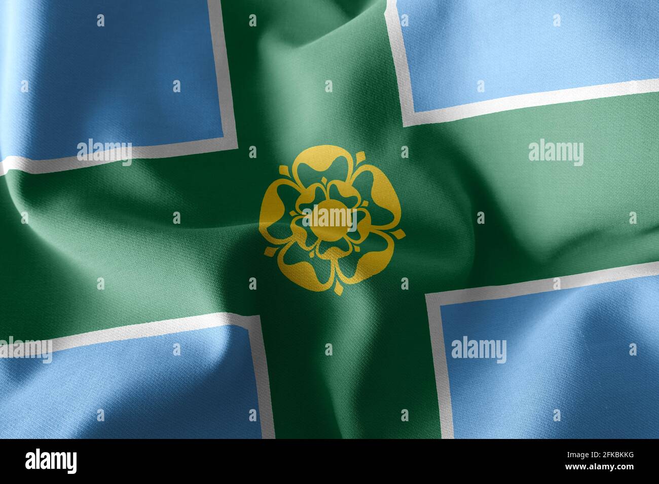 3D illustration flag of Derbyshire is a county of England. Waving on ...