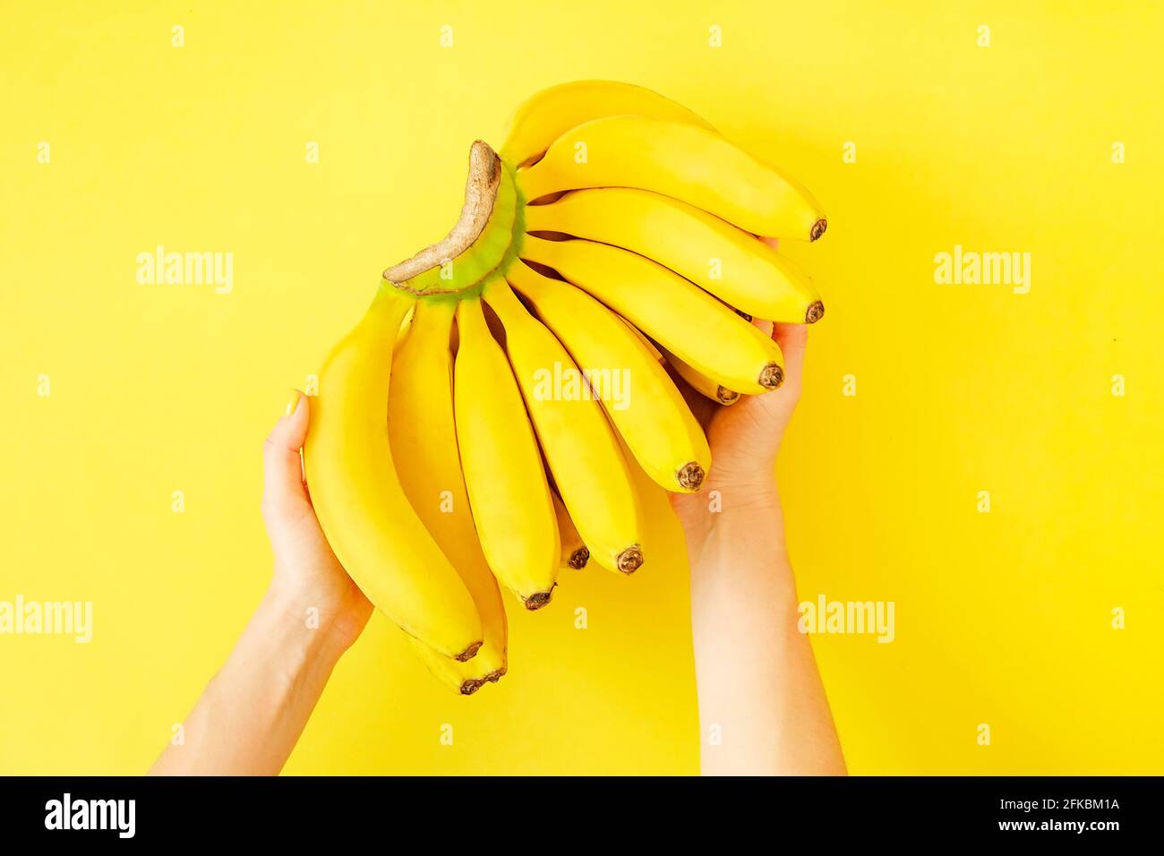Woman holding big beautiful hand of juicy ripe organic bananas with a ...