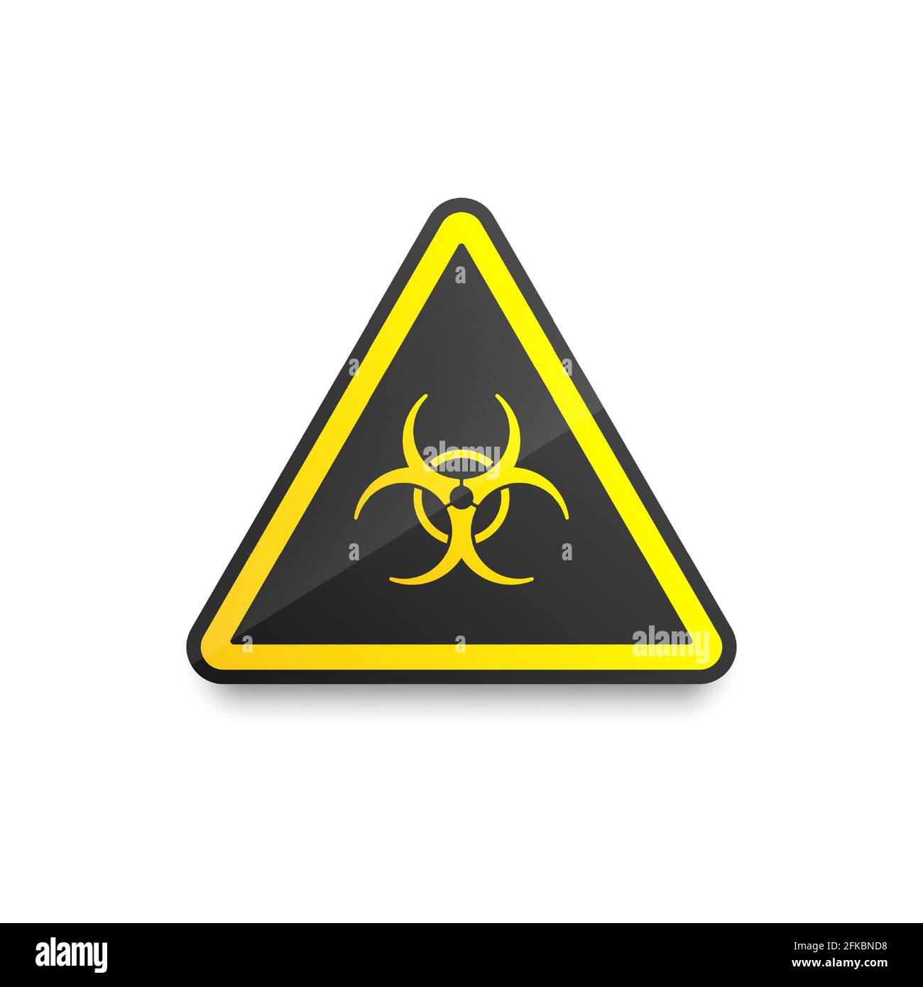 Triangular biohazard sign has black and yellow colors is isolated on a ...