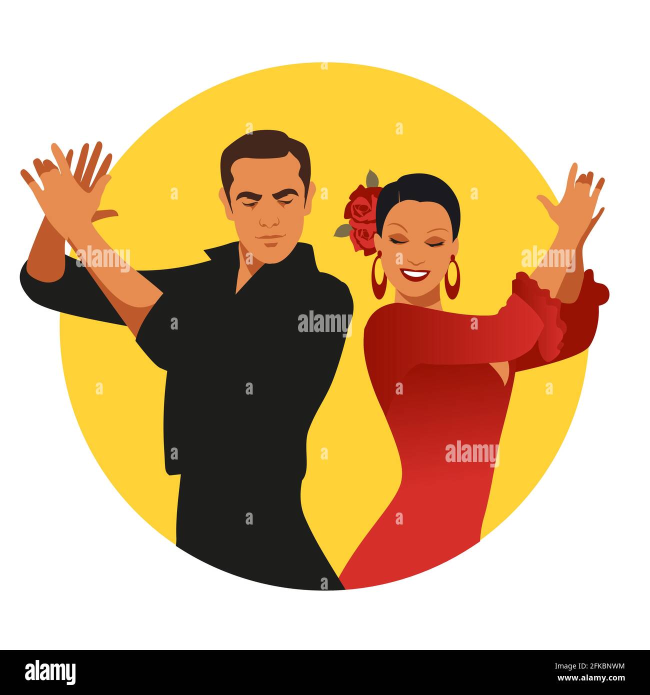 Couple of Spanish flamenco dancers playing clapping. Yellow circle on ...