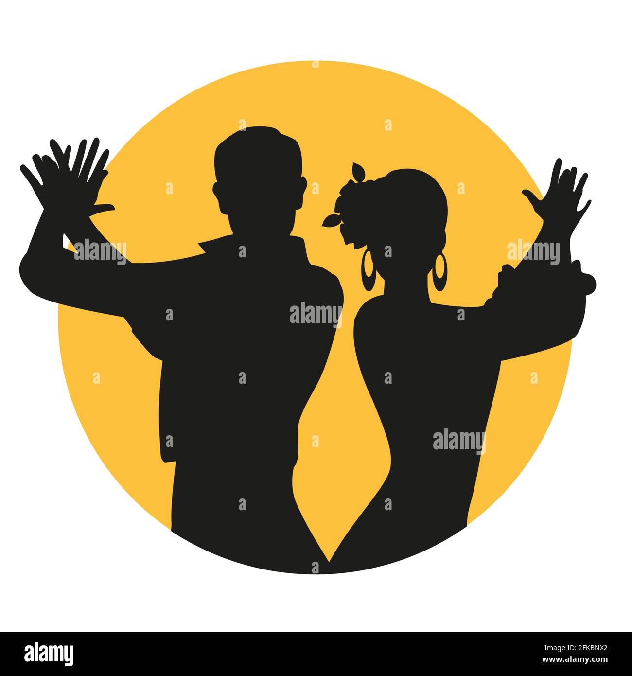 Couple of Spanish flamenco dancers silhouettes playing clapping. Yellow ...