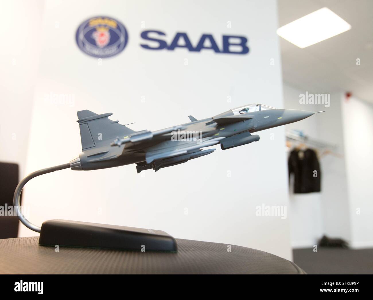 A miniature model JAS 39 Gripen fighter aircraft, at Saab AB, Linköping ...