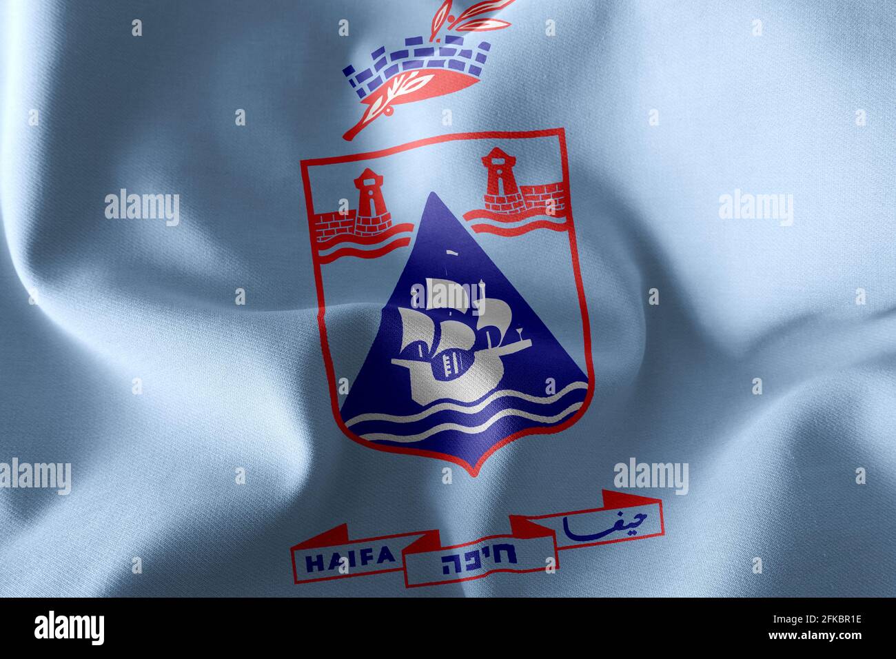 3D illustration flag of Haifa is a region of Israel. Waving on the wind ...