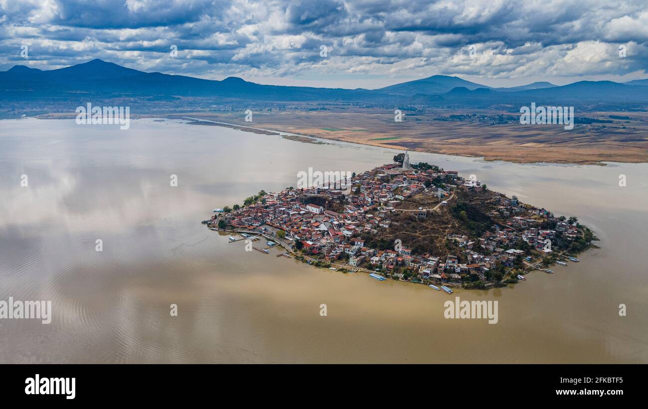 Aerial of the Janitzio island on Lake Patzcuaro, Michoacan, Mexico ...