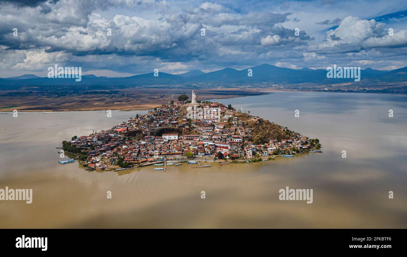 Aerial of the Janitzio island on Lake Patzcuaro, Michoacan, Mexico ...