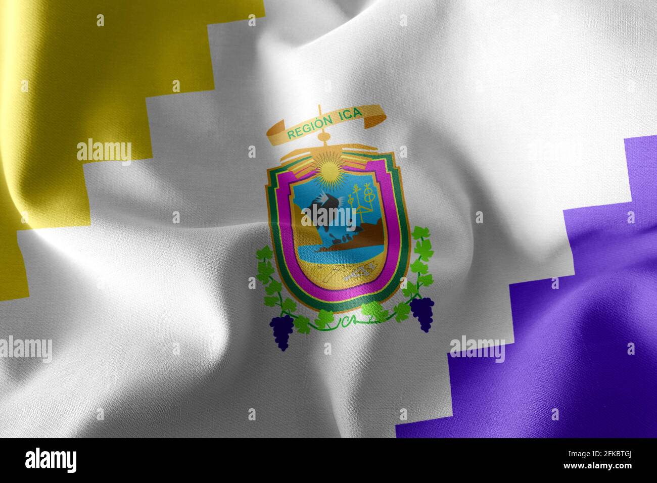 3D illustration flag of Ica is a region of Peru. Waving on the wind ...