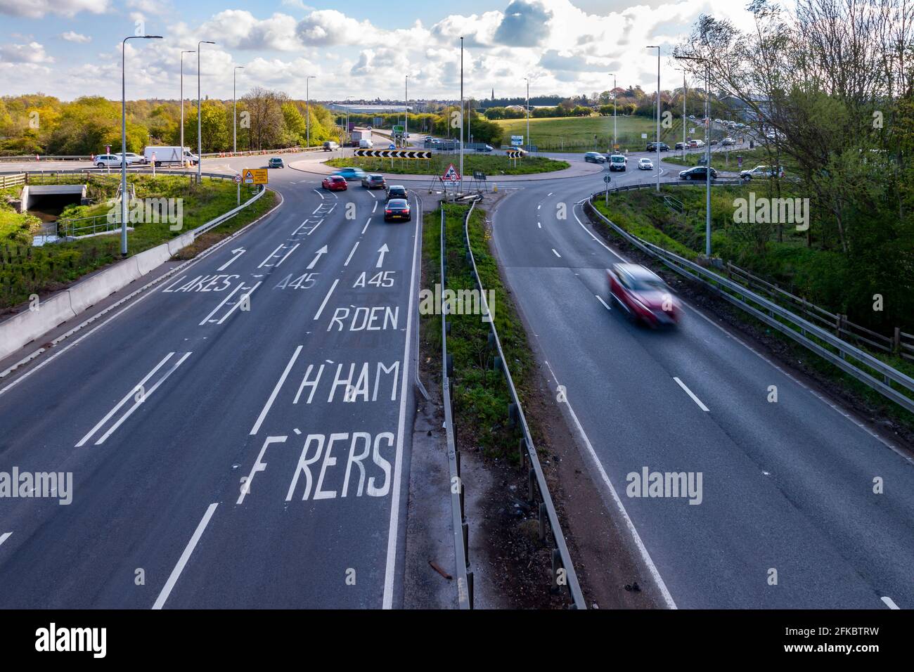 View from the Suspension footbridge over the A45 at Rushden Lakes ...
