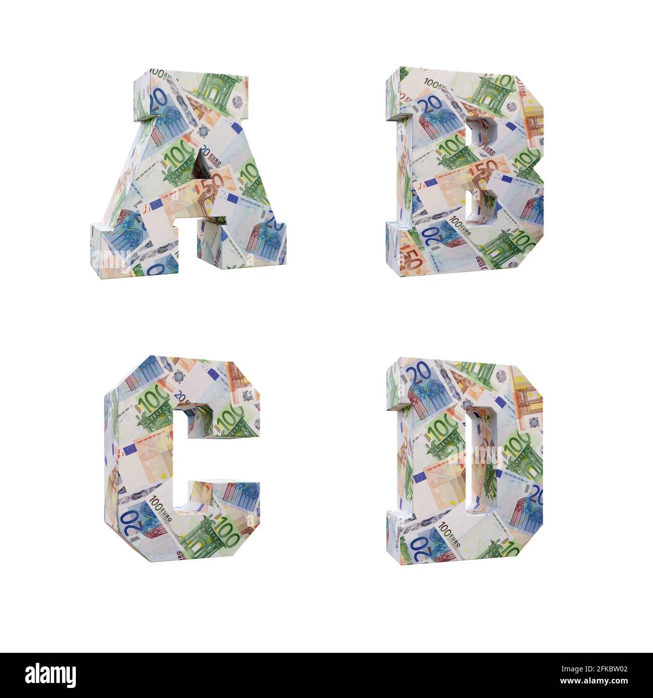 3D rendering of alphabet with wrapped around Euro banknotes: letters A ...