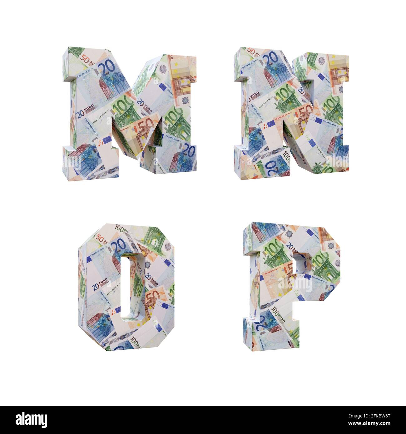 3D rendering of alphabet with wrapped around Euro banknotes: letters M ...
