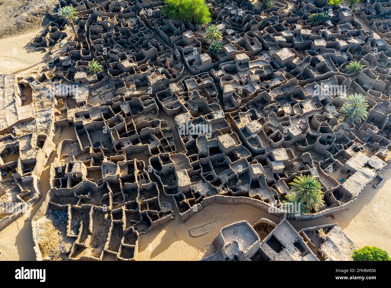 Aerial of the abandoned kasbah, oasis in Fachi, Tenere desert, Niger ...