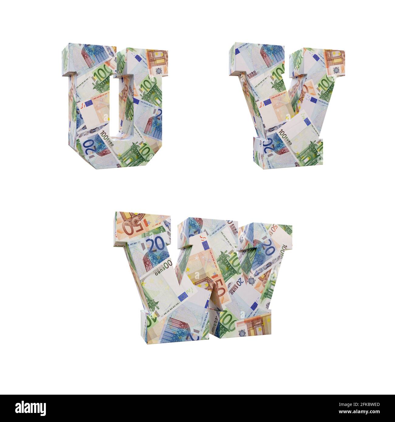 3D rendering of alphabet with wrapped around Euro banknotes: letters U ...