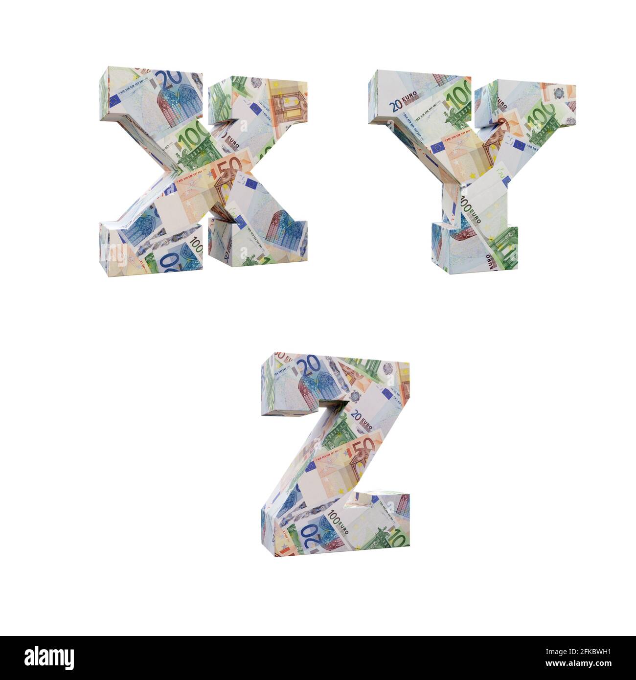 3D rendering of alphabet with wrapped around Euro banknotes: letters X ...