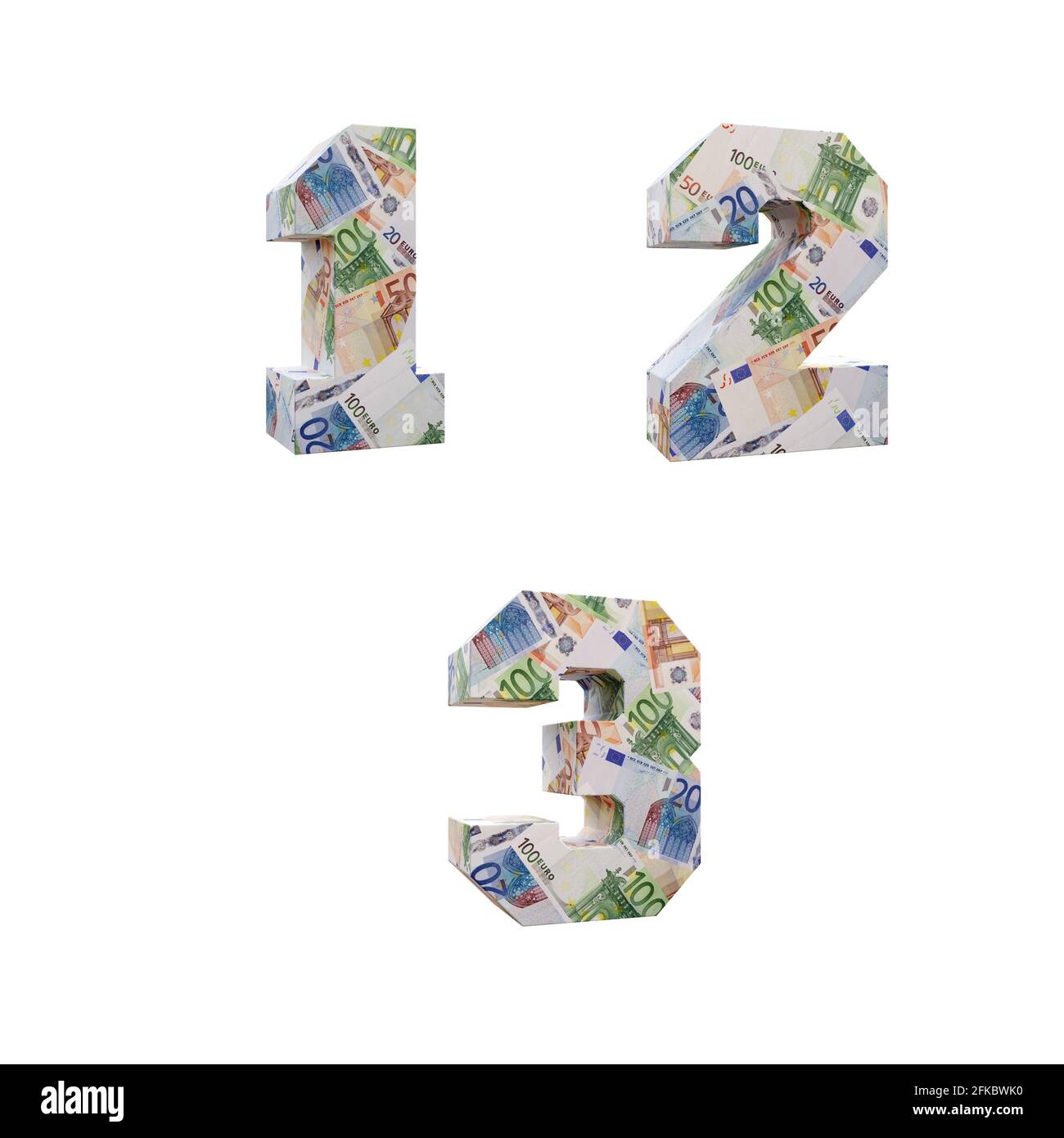 3D rendering of alphabet with wrapped around Euro banknotes: digits 1-3 ...