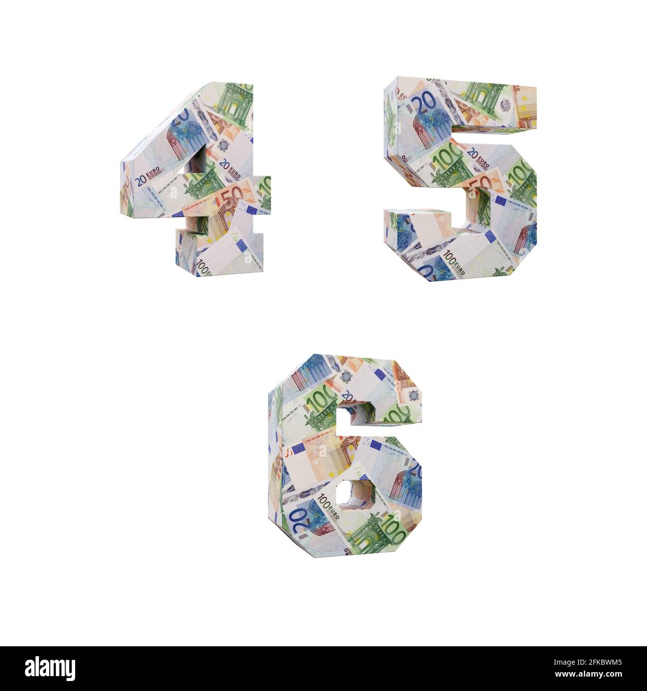 3d Rendering Of Alphabet With Wrapped Around Euro Banknotes Digits 4 6 On White Background
