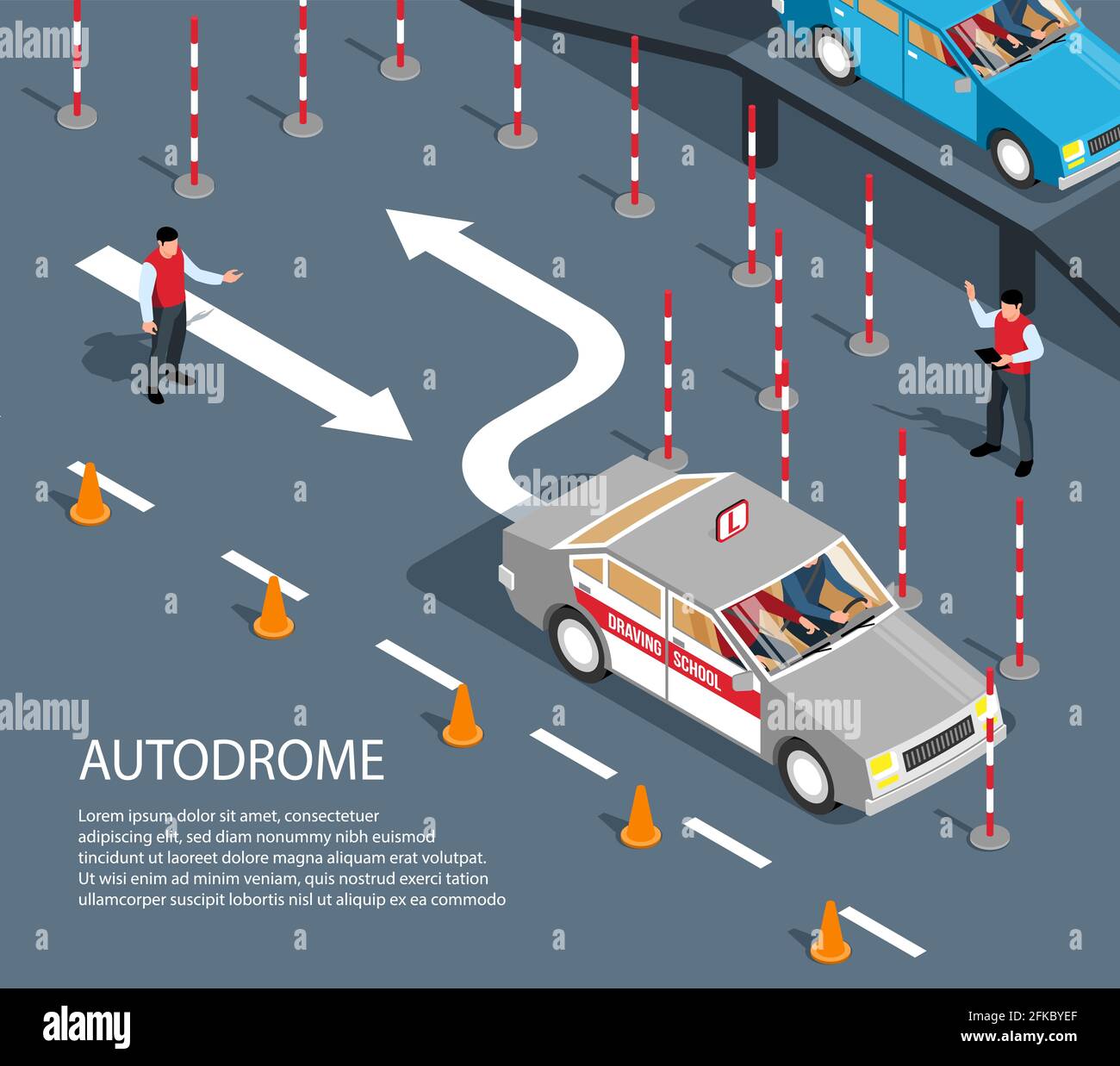 Isometric driving school composition with view of drive exercise area ...